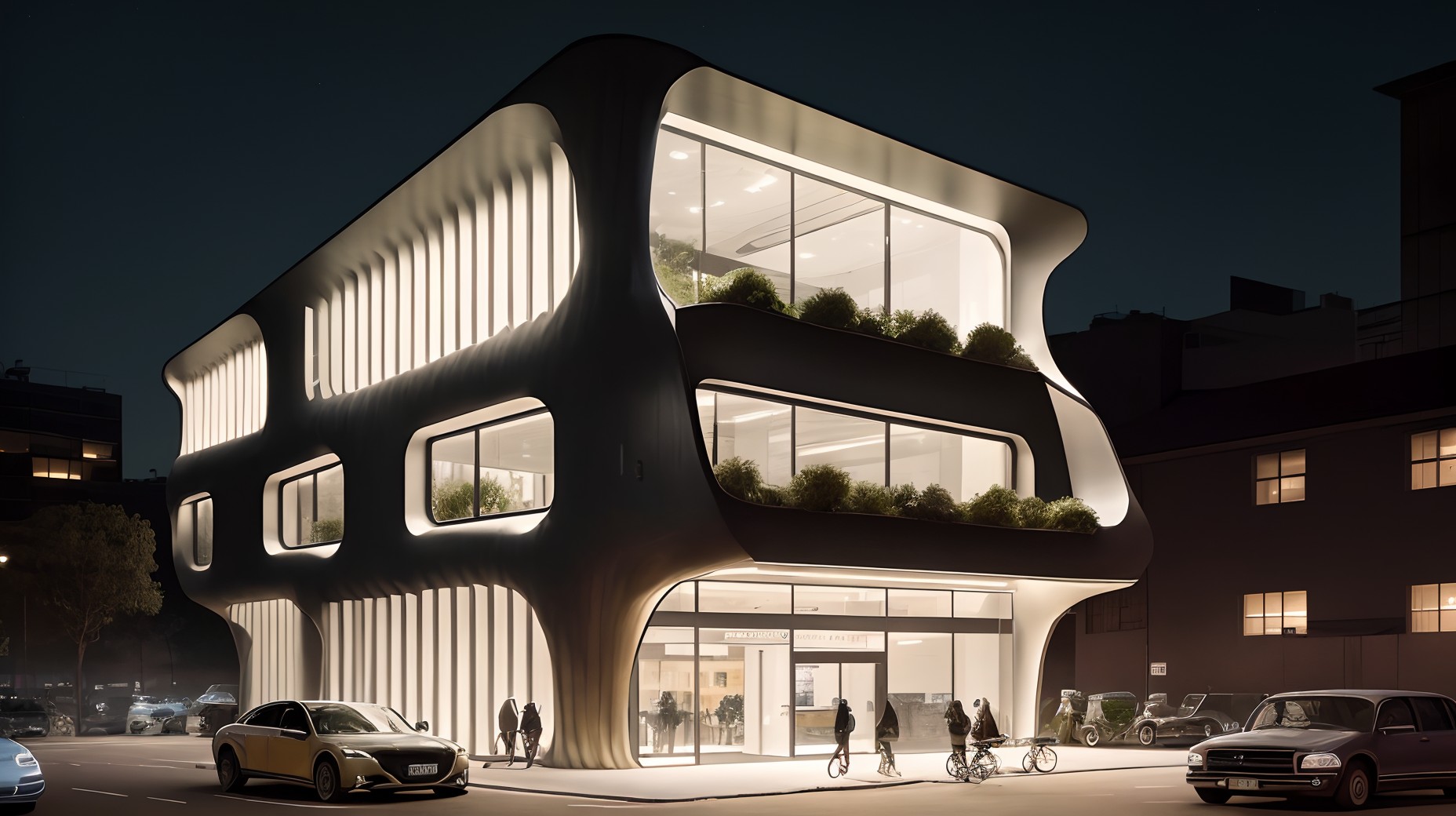 AI商业建筑：A standalone building with a modern design sense in a modern city, (Design by Rem ...