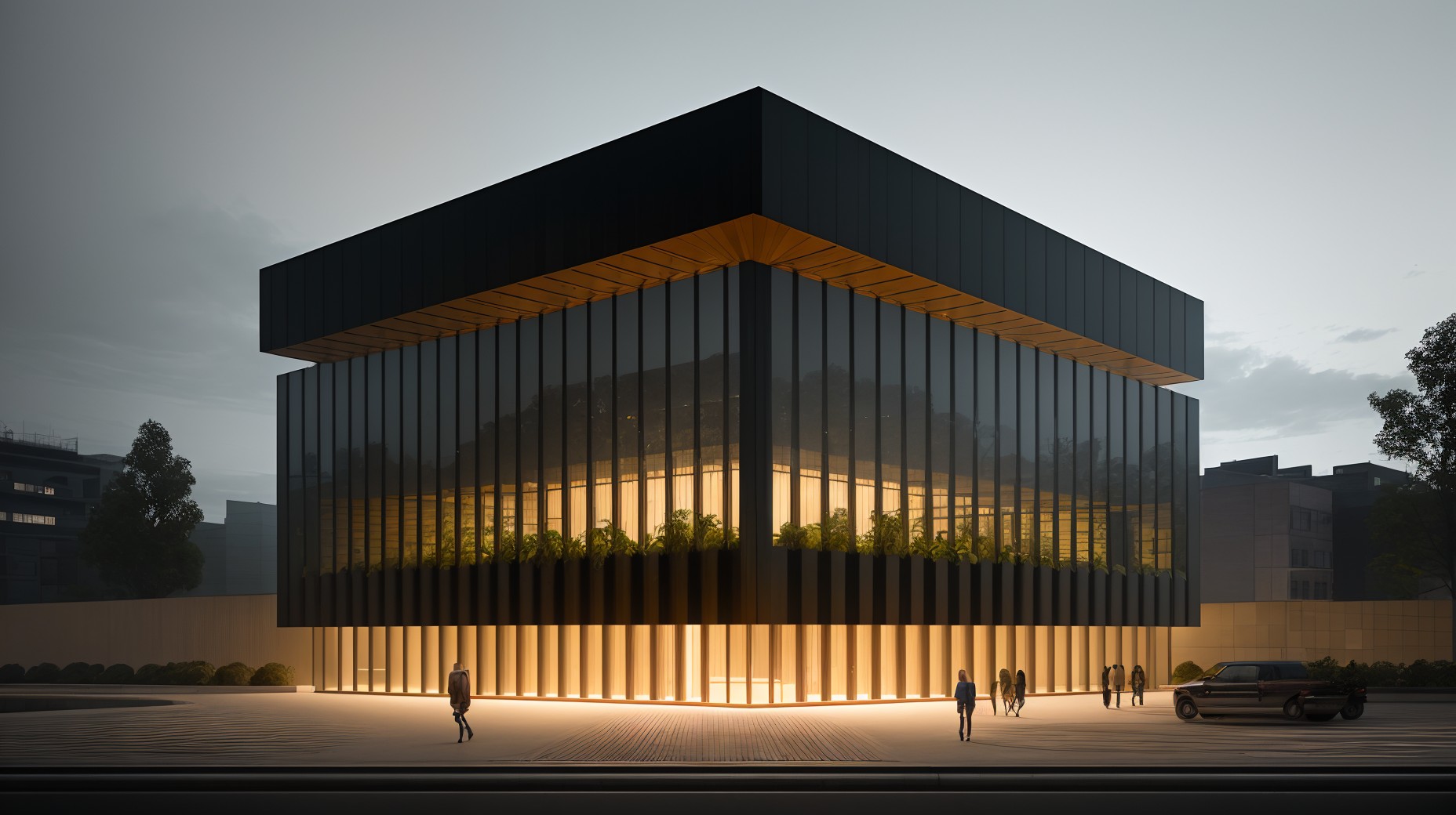 AI商业建筑：a building with a lot of windows and plants on it's side at night time with people ...