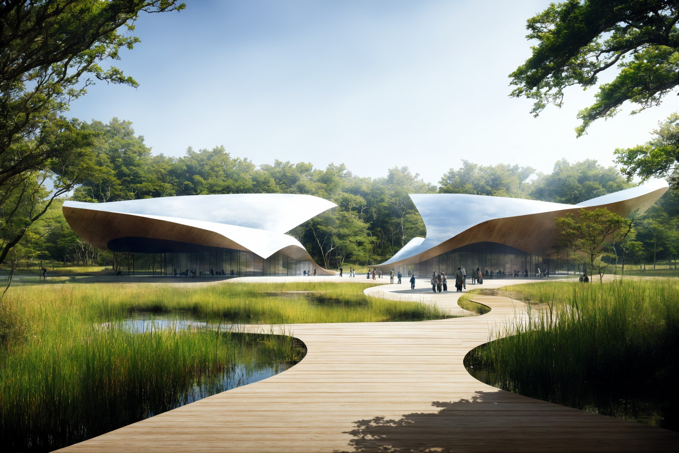 AI公园景观：nature park, daytime, Front view, Full length shot, Wetland park, people reading books ...