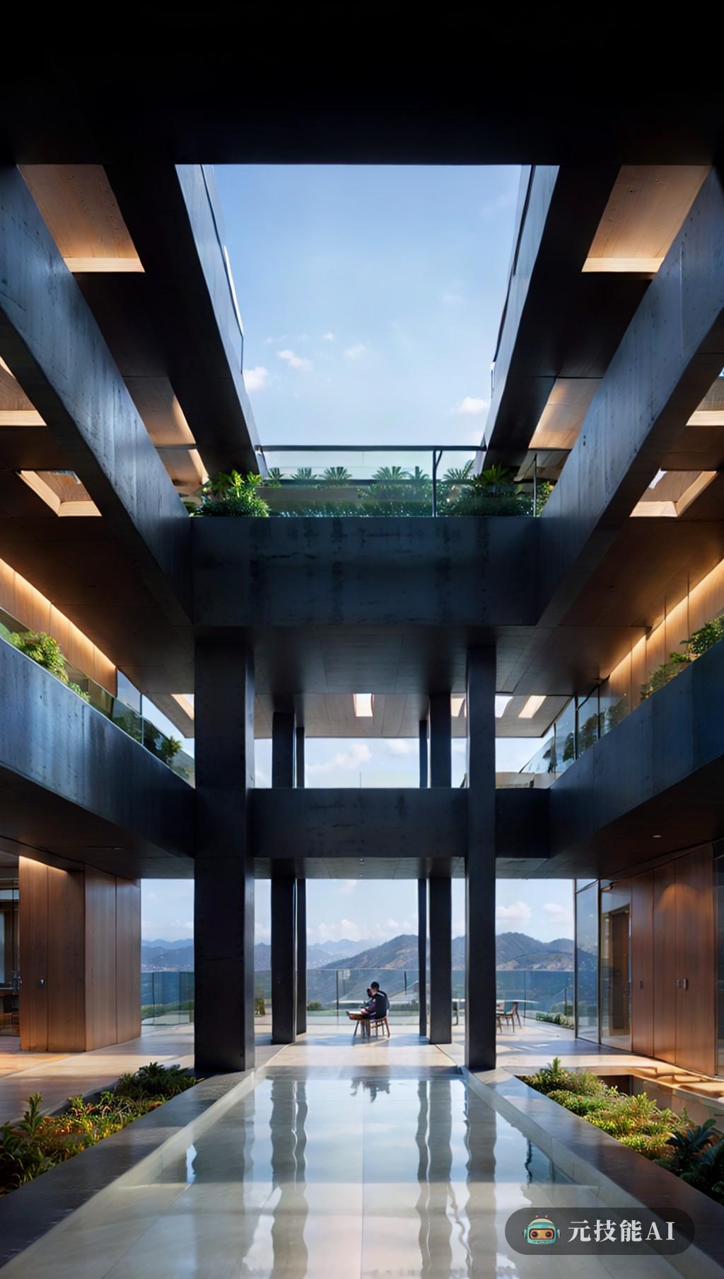 AI提示词：从蠕虫的角度来看，建筑外观是一个相互连接的公共空间的大小，值得探索。它的中心现代设计是在其外部清晰的线条和几何形状中演变而来的 ...