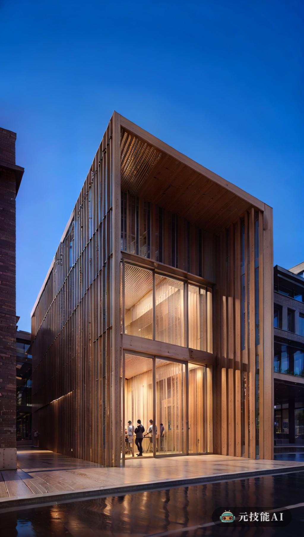 AI提示词：该建筑位于历史街区繁忙的公交车站，建筑设计完美融合了现代性和解构主义风格，以木材为主要材料木材的使用不仅向该地区的传统建筑致敬 ...