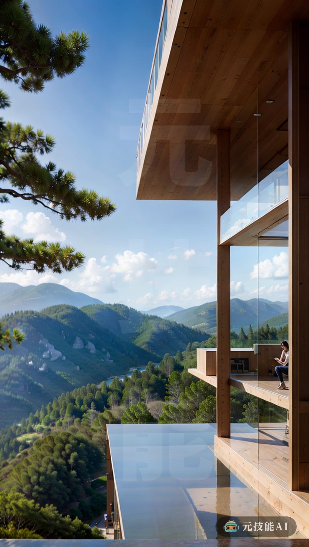 AI提示词：其余部分坐落在郁郁葱葱的山脉中心，是对高科技和可持续设计和谐融合的考验。它的外部覆盖着粗糙的花岗岩，反映了周围的景观，体现了一种 ...