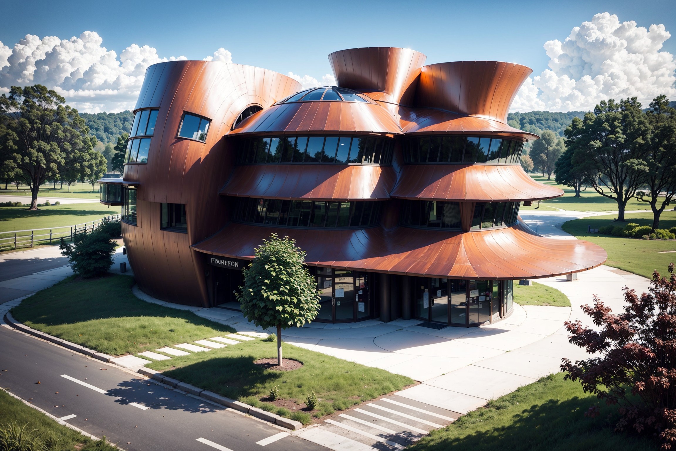AI商业建筑：Outside top view of car Museum, Modern architecture, simple ...