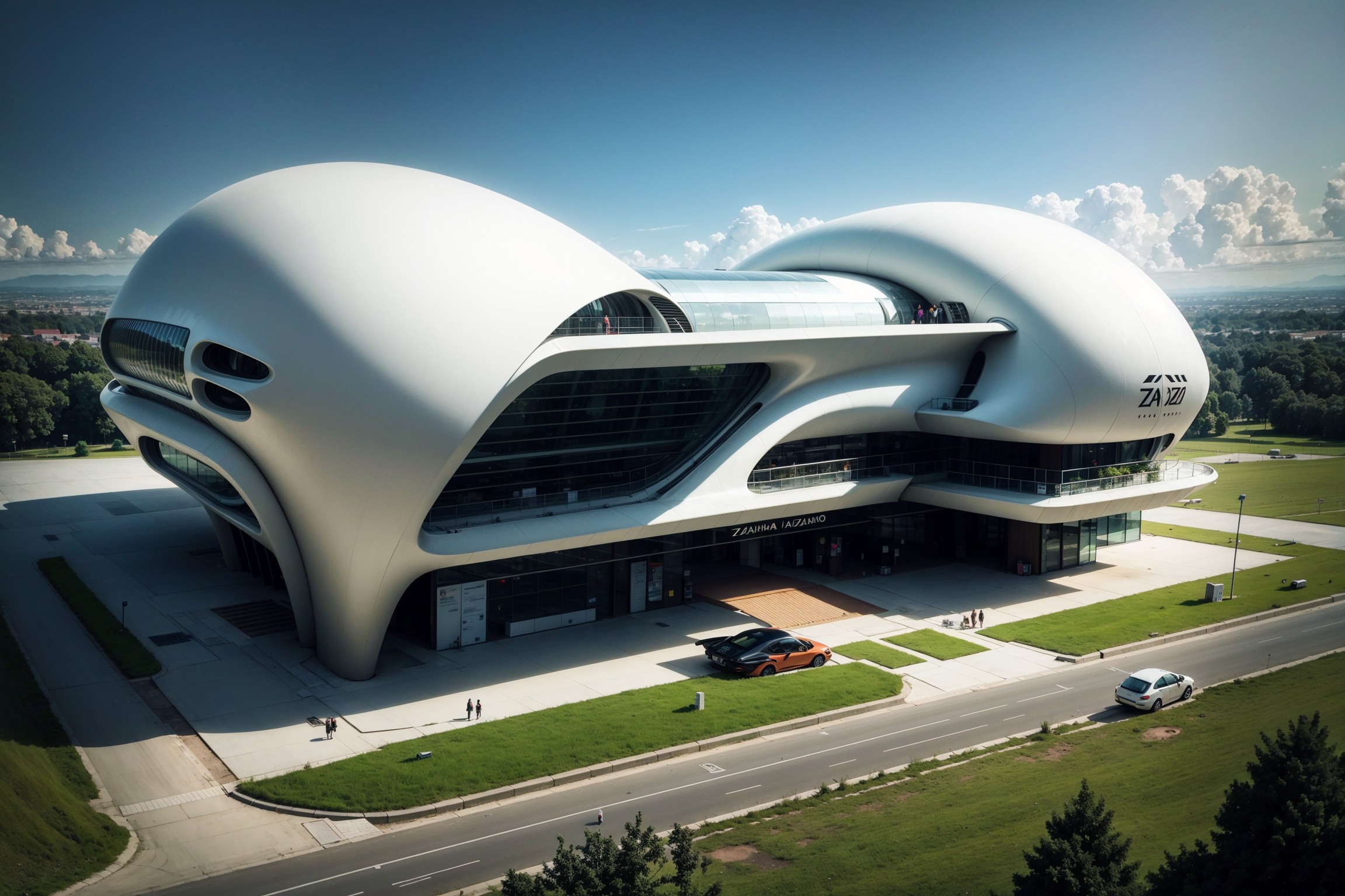 AI体育场馆：Outside top view of car Museum, Modern architecture, simple ...