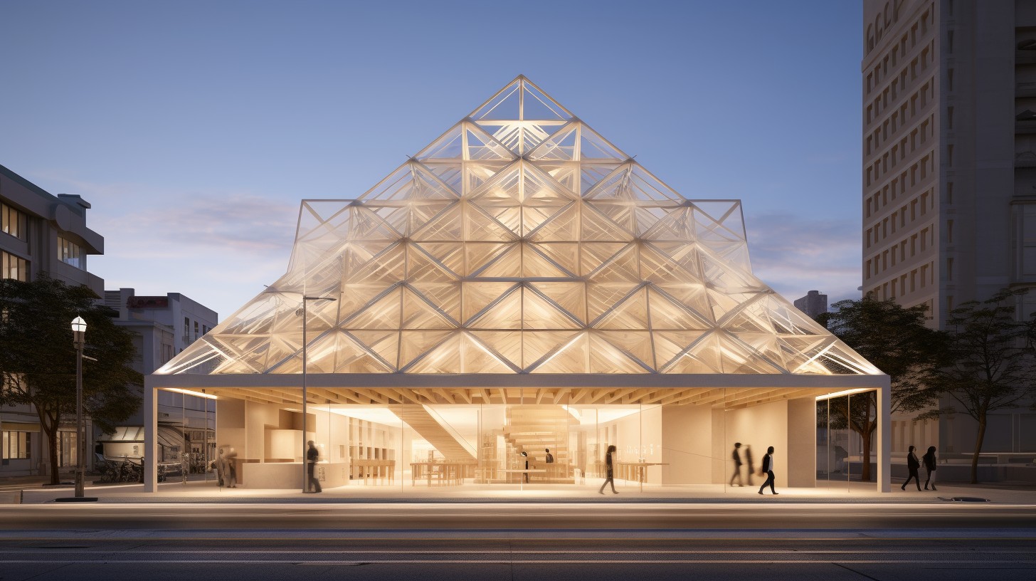 AI公共建筑：museum building, facing the road, downtown, design by Shigeru ...