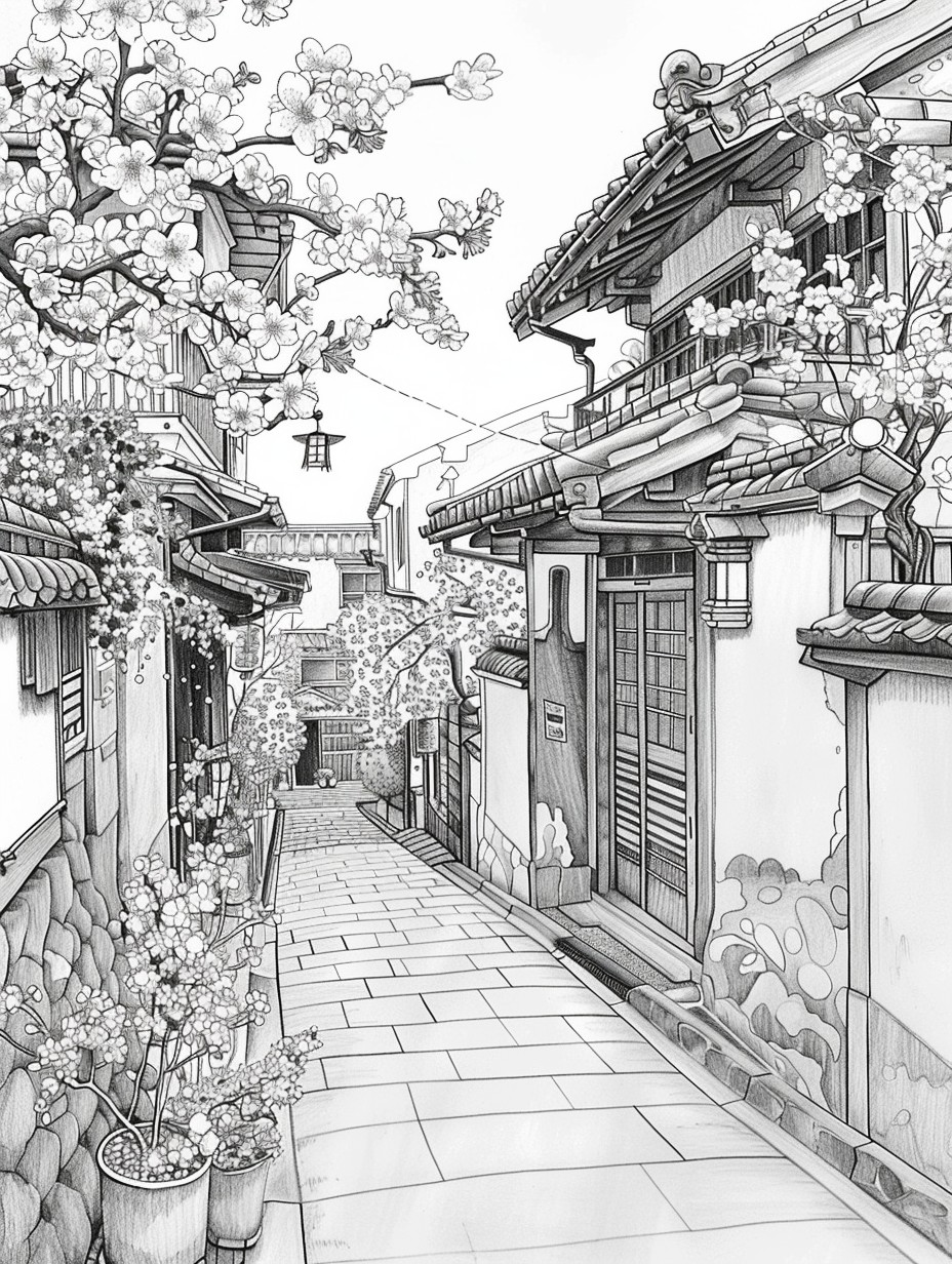A traditional Japanese village is depicted in black and white. The ...