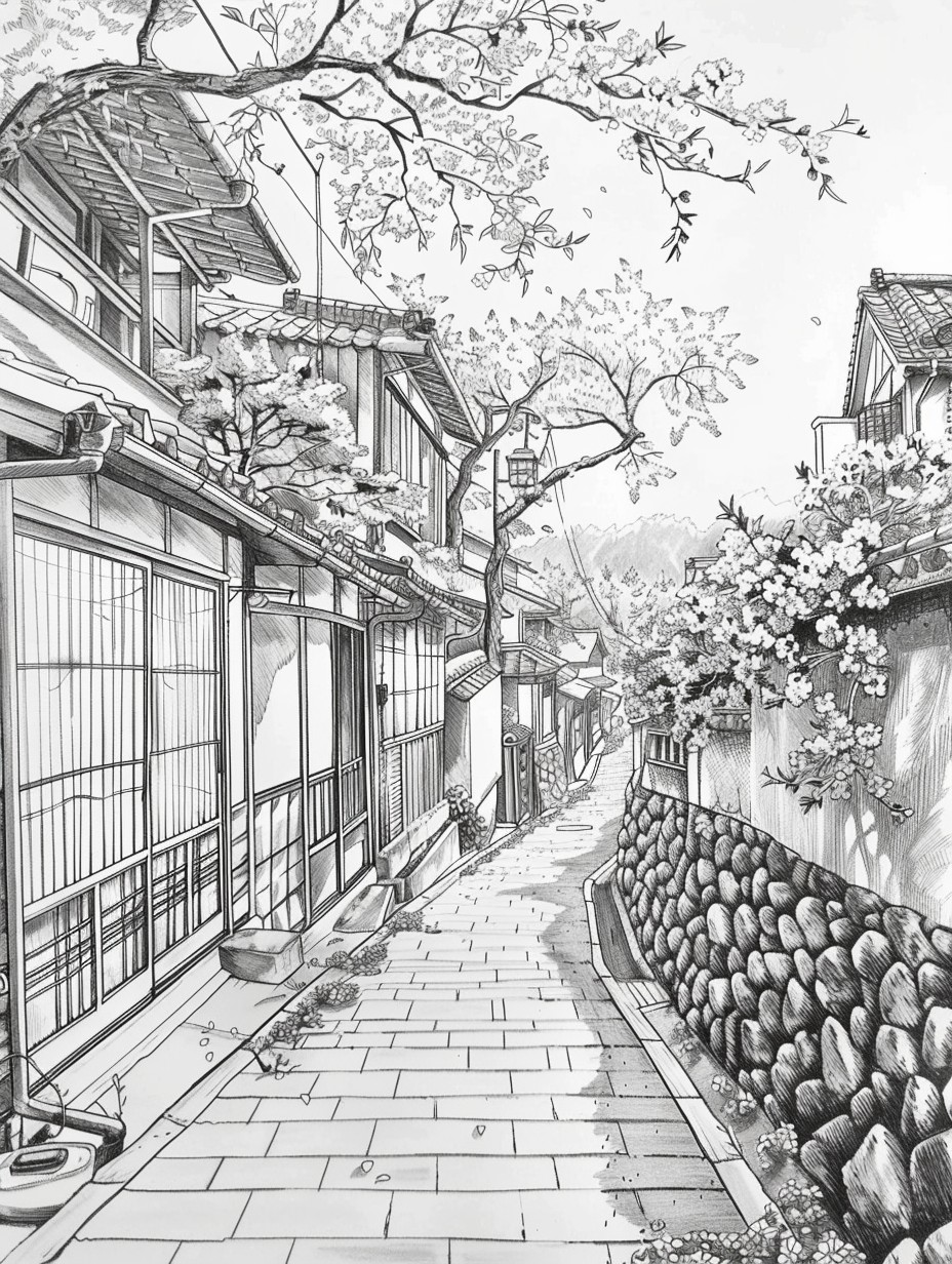 A traditional Japanese village is depicted in black and white. The ...
