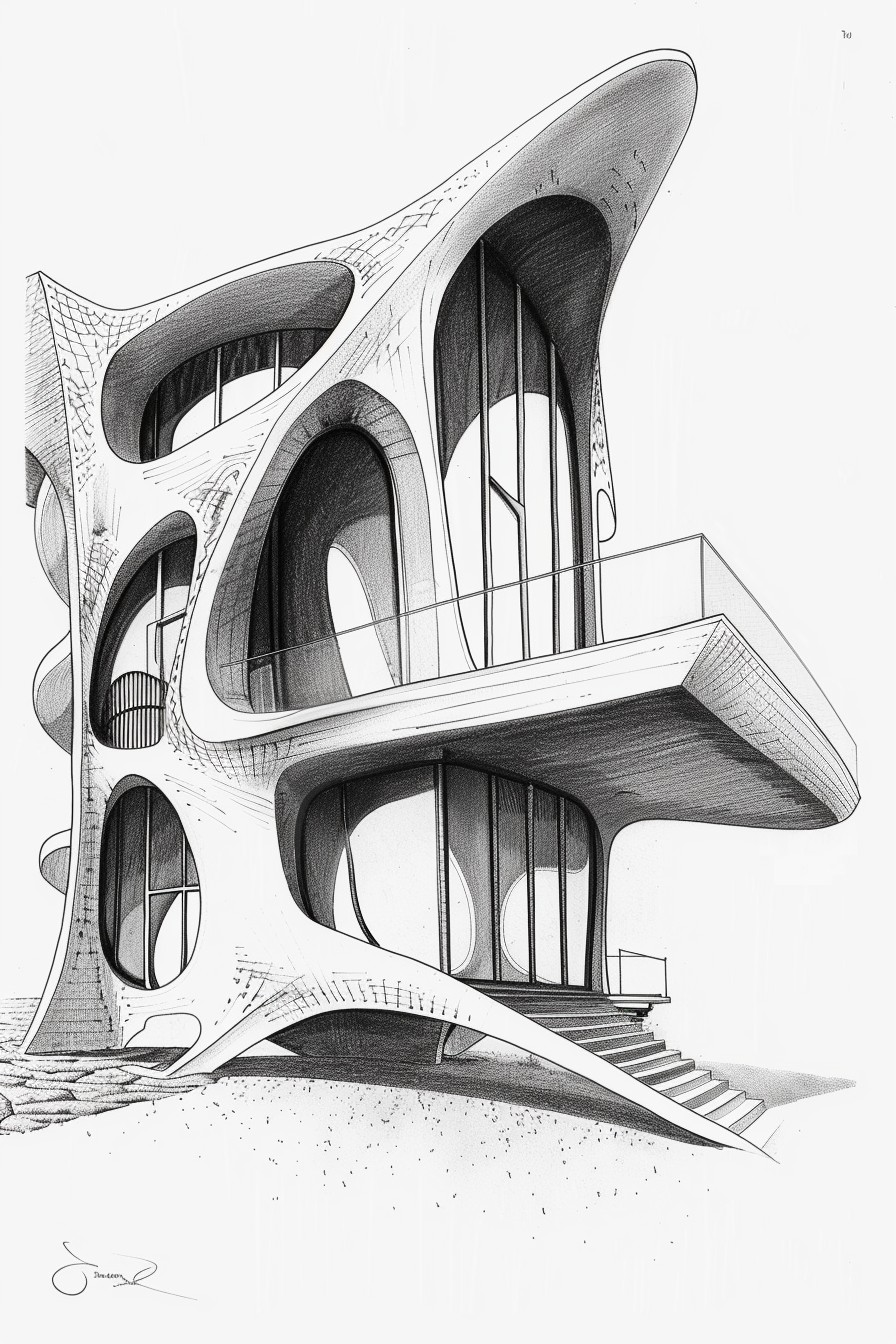 A futuristic, curvy house is depicted in the image, surrounded by a ...