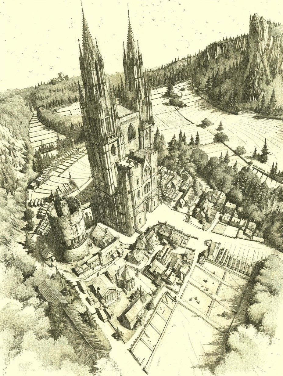 a lineart drawing of a fictional fantasy world consisting of a medieval ...